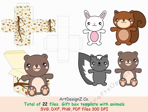 Total of 22 files. Gift box templates. Animals, bunny, squirrel, teddy ...