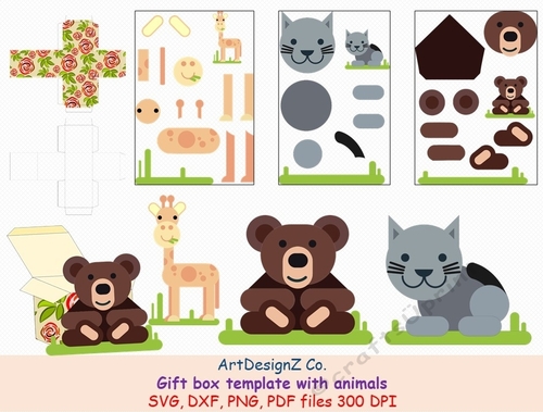 Build-an-animal. Gift box template. Animals, bear, teddy, giraffe, cat ...