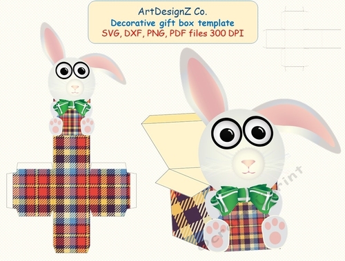3D Gift or Sweet Box Template. Scottish plaid. Cute Bunny, Rabbit ...
