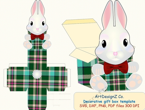 3D Gift or Sweet Box Template. Scottish plaid. Cute Bunny, Rabbit ...