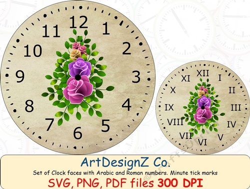 Set of clock faces with Arabic and Roman numbers. Minute tick marks ...