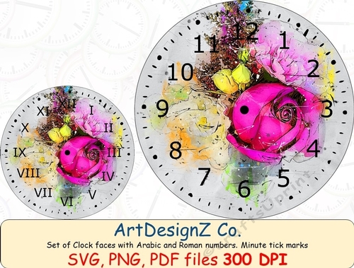 Set of clock faces with Arabic and Roman numbers. Minute tick marks ...