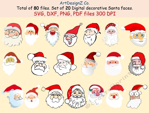 Total of 80 files. Set of 20 digital decorative Santa faces. Christmas ...