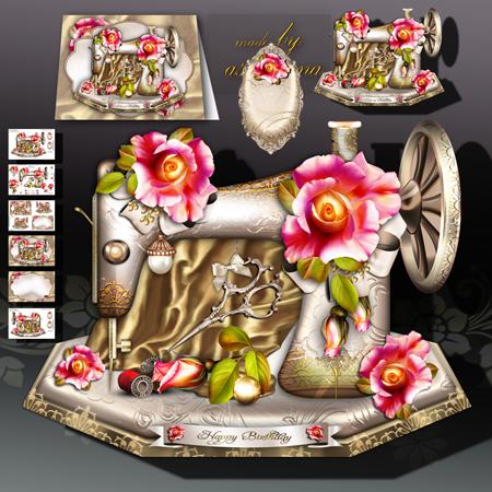 Antique Sewing Machine with Silk, Scissors and Roses - CUP594031_1641 ...
