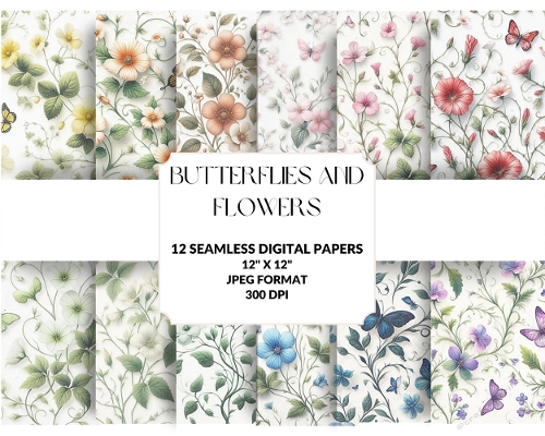 Butterflies and Flowers Digital Paper Pack - CUP1370985_112984 ...
