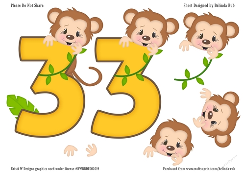 Monkey Numbers - 3 - Decoupage Sheet - CUP1029511_43865 | Craftsuprint