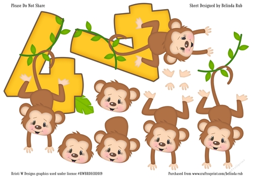 Monkey Numbers - 4 - Decoupage Sheet - CUP1029512_43865 | Craftsuprint