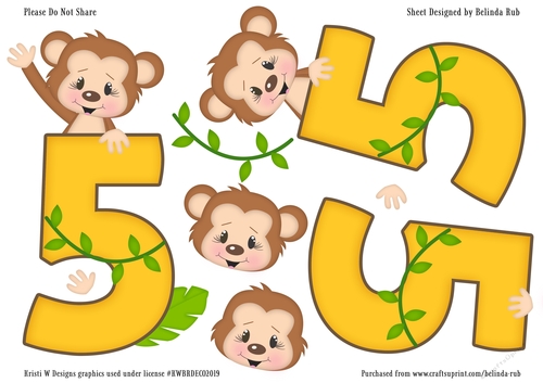 Monkey Numbers - 5 - Decoupage Sheet - CUP1029513_43865 | Craftsuprint