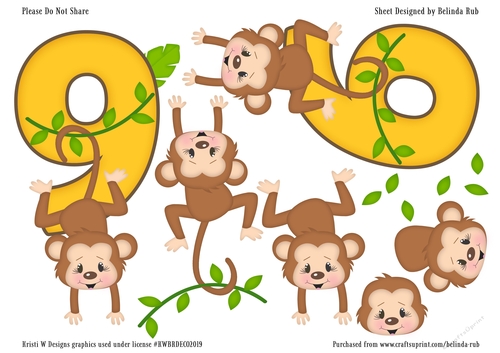 Monkey Numbers - 9 - Decoupage Sheet - CUP1029519_43865 | Craftsuprint