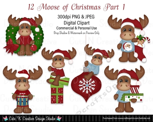 12 Moose of Christmas Part 1 Digital Clip Art Set - CUP1068301_43865 ...