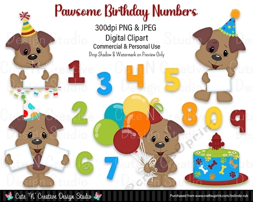 Pawsome Birthday Numbers Digital Clip Art Set - CUP1076728_43865 ...