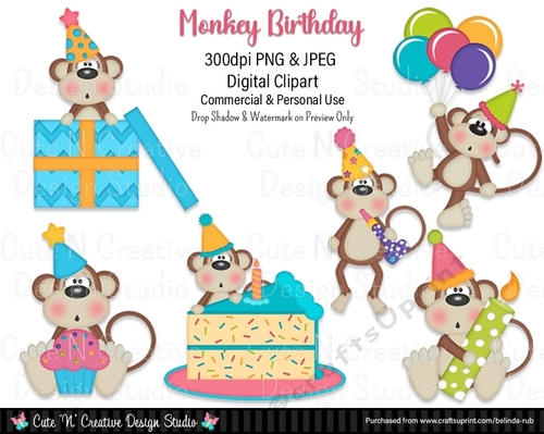 Monkey Birthday Digital Clip Art Set - CUP1199028_43865 | Craftsuprint