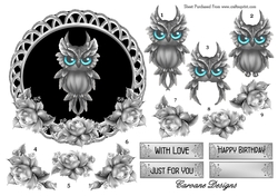 Moody Owl - Design sheet with decoupage - Photo by Rebecca Ruff
