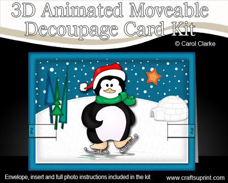 3D Xmas Skating Penguin Animated Moveable Decoupage Card Kit ...