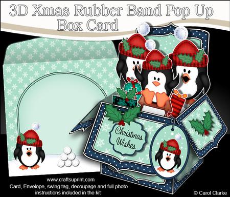 3D Xmas Penguins Rubber Band Pop Up Box Card - CUP565264_359 | Craftsuprint