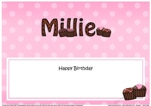 Large DL Happy Birthday MILLIE insert - CUP849955_359 | Craftsuprint