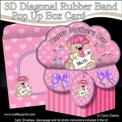 3D Diagonal Rubber Band Pop Up Box Card Kit - Cute Mothers Day Teddy ...