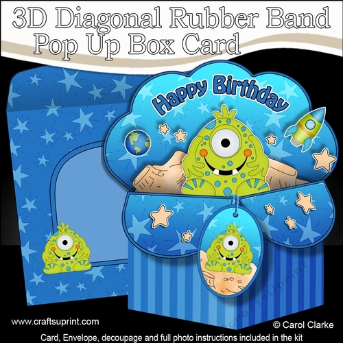3D Diagonal Rubber Band Pop Up Box Card Kit - Cute Little Alien ...