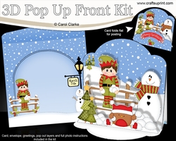 3D Christmas Pop Up Front Card Kit Little Elf has a snowball fight with ...