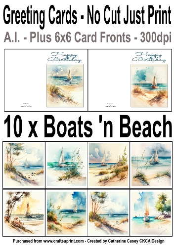 10 No Cut Just Print Cards with Watercolour Art of Boats and Beaches ...