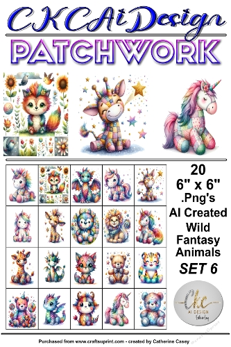 20 Patchwork Toy Wild Animals Fantasy, 6 x 6 Toppers, Card Fronts .Png ...