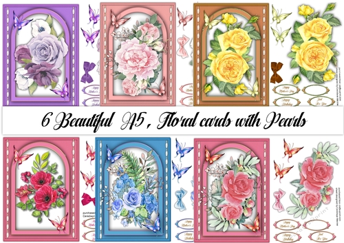 6, Beautiful A5 Floral Cards with Pearls - CUP1097614_1398 | Craftsuprint