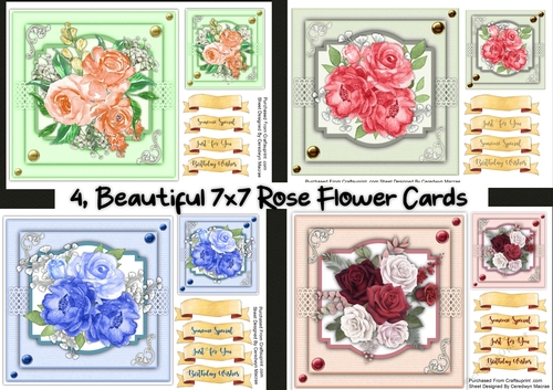 4, Beautiful 7x7 Rose Flower Cards - CUP1152576_1398 | Craftsuprint