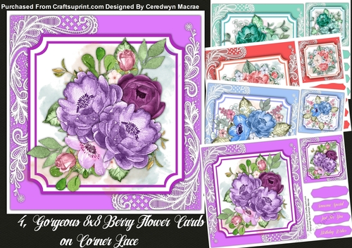 4, Gorgeous 8x8 Berry Flower Cards on Corner Lace - CUP1171348_1398 ...