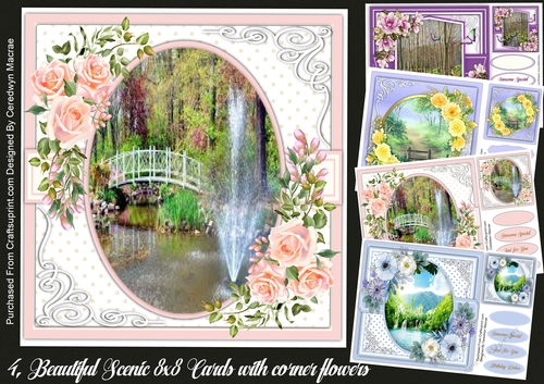 4, Beautiful Scenic 8x8 Cards with Corner Flowers - CUP1171350_1398 ...