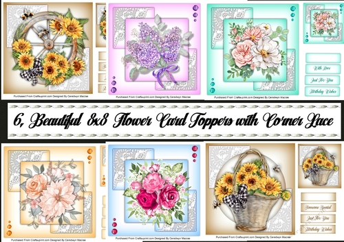 6, Beautiful 8x8 Flower Topper cards with corner lace - CUP1175412_1398 ...