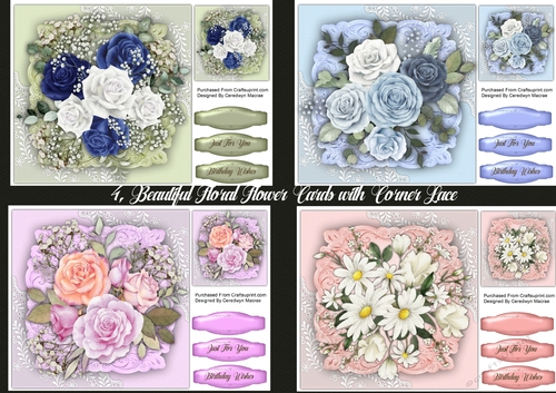 4, Beautiful Flower Cards with Corner Lace - CUP1180513_1398 | Craftsuprint