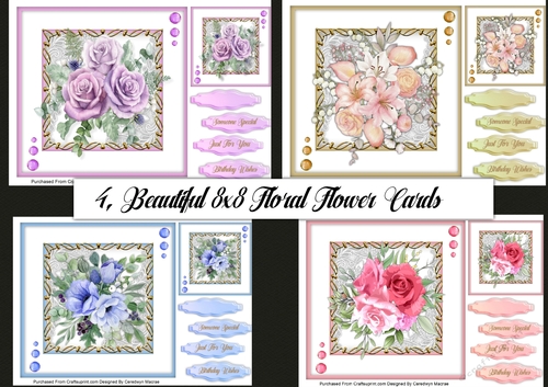 4, Beautiful 8x8 Floral Flower Cards - CUP1185819_1398 | Craftsuprint