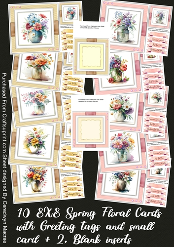 10, 8x8 Spring Floral cards with Greetings and small card + 2 Inserts ...