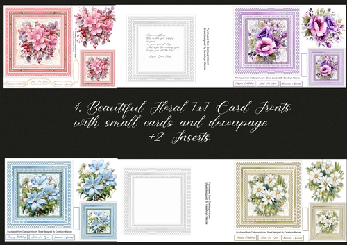4, Beautiful Floral 7x7 Card Fronts with small cards and + Inserts ...