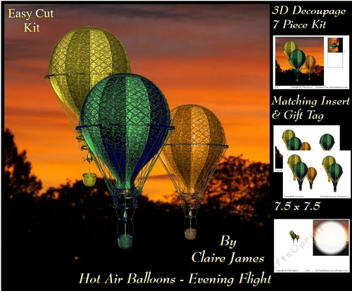 Hot Air Balloons - Balloon Evening Flight - 3D Decoupage + Insert & Tag ...