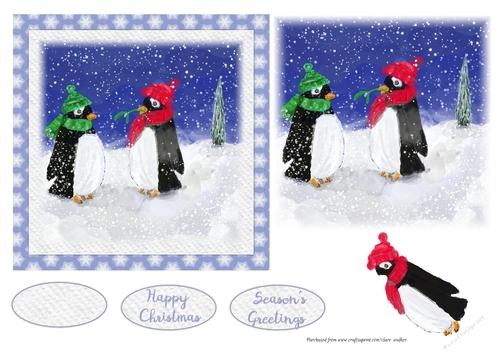 CUTE PENGUINS CHRISTMAS CARD: 6 by 6 Quick Card With Easy Decoupage & 3 ...