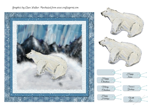 POLAR BEAR CHRISTMAS CARD, With Polar Bear Decoupage, 7 Sentiment Tags ...