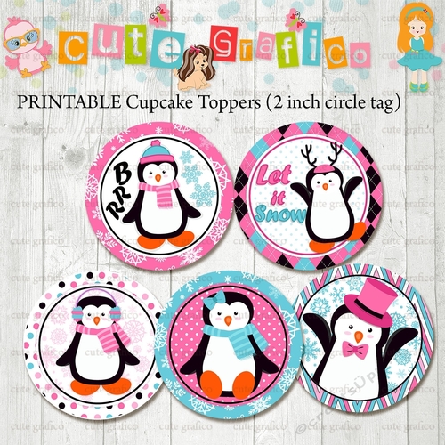 Printable Penguins Cupcake Toppers, Penguins stickers, Winter Penguins ...