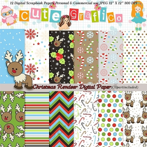 Christmas Digital Papers- Reindeer Digital Scrapbook Papers - Reindeer ...