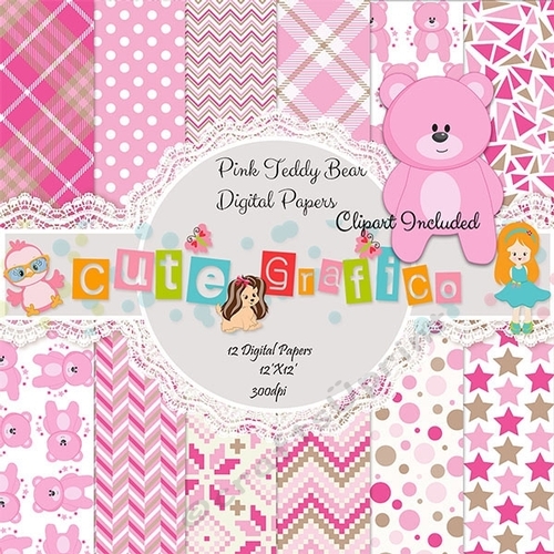 Pink Teddy Bear Digital papers, - CUP872584_74267 | Craftsuprint