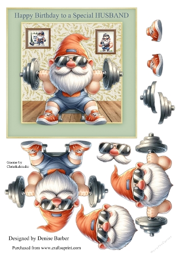 6x6ins topper & decoupage Body Builder Gnome Happy Birthday Special ...