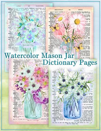 Watercolor Mason Jar Dictionary Page Bouquet Collages Papers ...