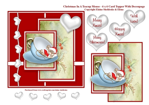 Christmas Mouse In A Teacup - 6 x 6 Card Topper With Decoupage & Tags ...