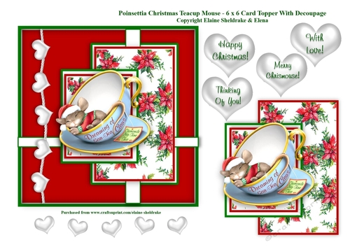 Poinsettia Christmas Mouse In A Teacup - 6 x 6 Card Topper With ...