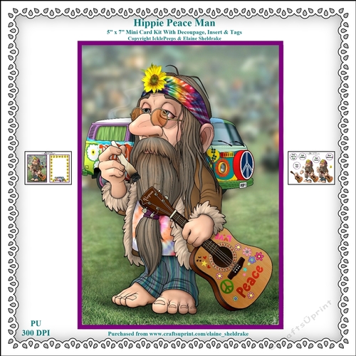 Hippie Peace Man - Printable 5 x 7 Mini Card Kit With Decoupage, Insert ...