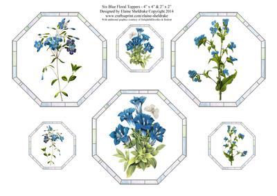 Six Blue Floral Toppers -three x 4" x 4" & Three x 2" x 2" - CUP565577 ...