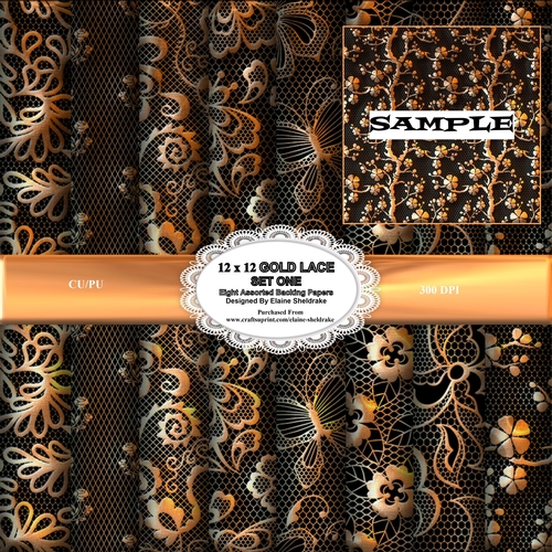 Gold Lace On Black Set One - Eight Assorted 12 x 12 Backing Papers For ...