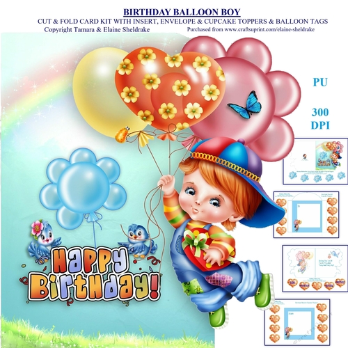 Birthday Balloon Boy Card Kit With Extra Tags & Cupcake Toppers ...