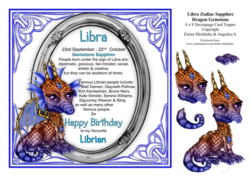 8 x 8 Libra Zodiac Birthday Gemstone Dragon Decoupage Card Topper ...