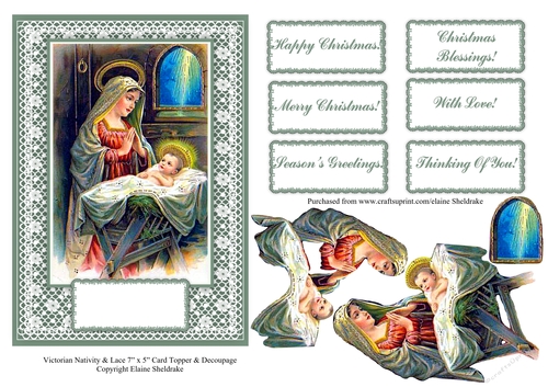 Victorian Style Nativity Scene On Lace 7 x 5 Card Topper With Decoupage ...
